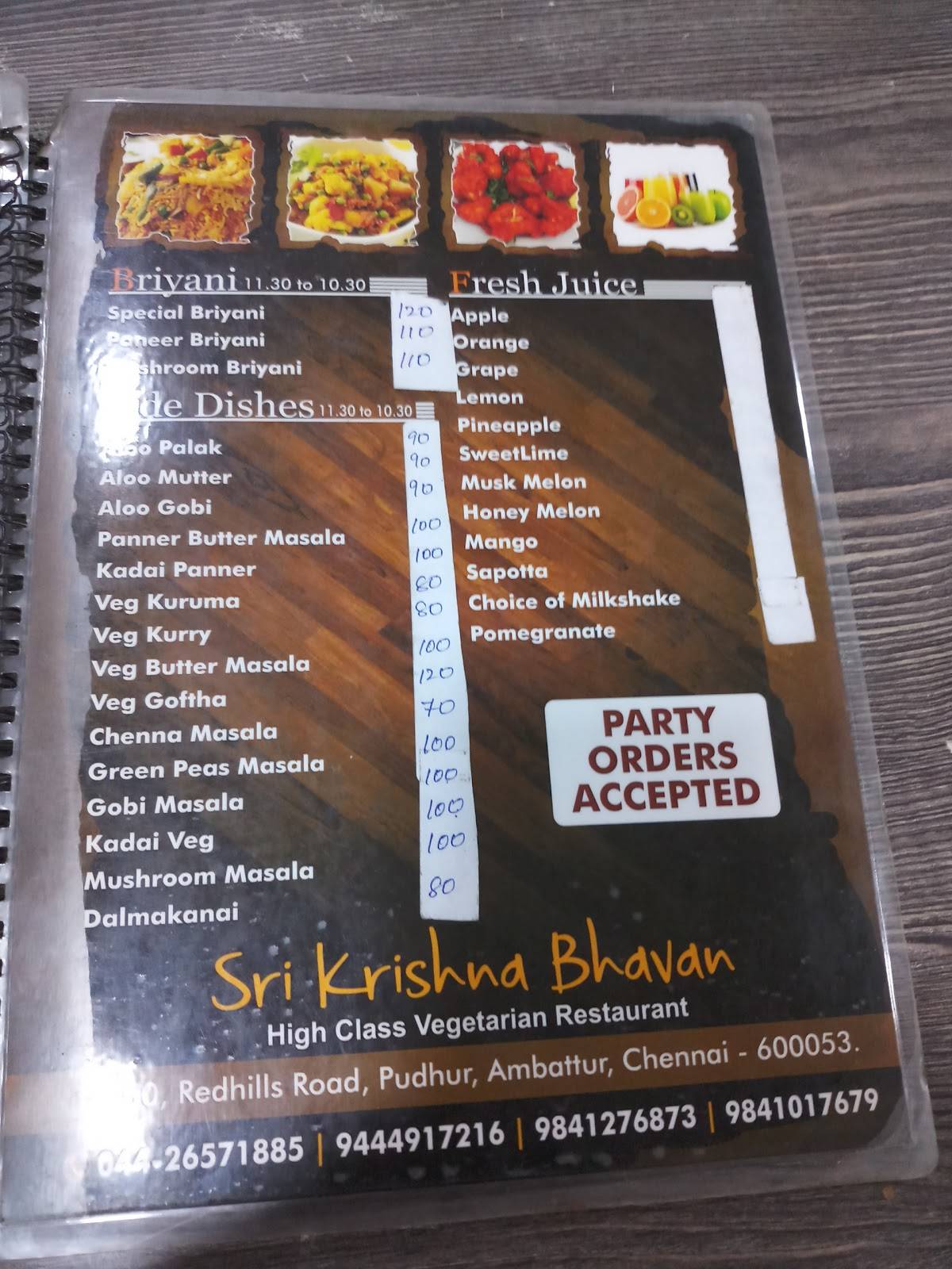 Menu at Sri Krishna Bhavan, Chennai, No 150