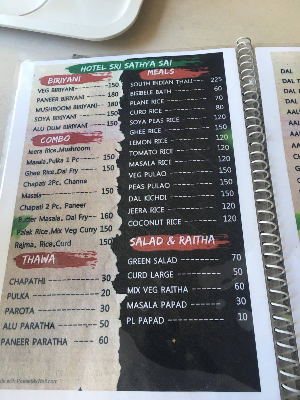 Menu at Sri Satya Sai veg restaurant, Bengaluru