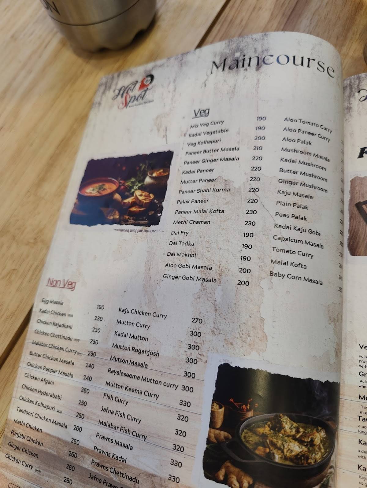Menu at Hot Spot - Sri Kalahasthi, Srikalahasti