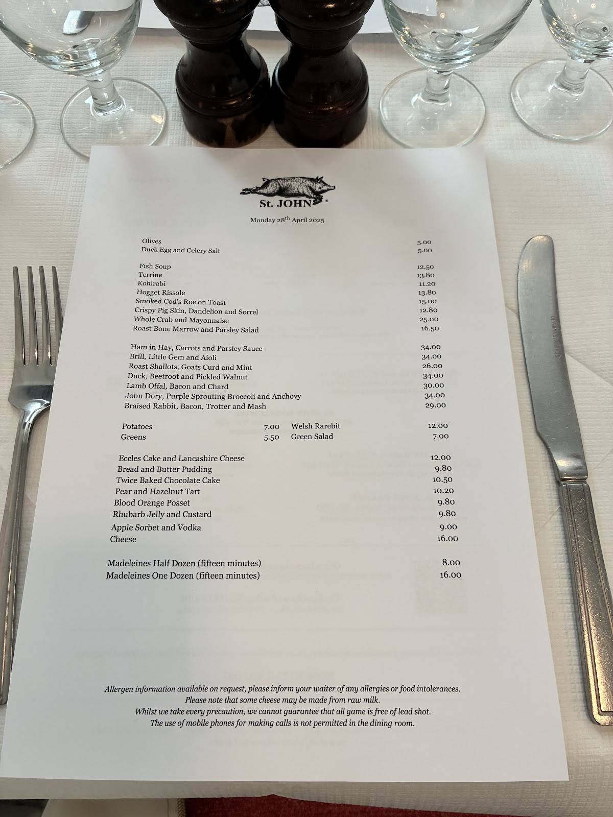 Menu at St. John pub & bar, London