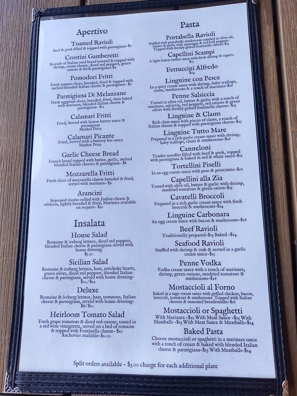 Menu at Zia's on The Hill restaurant, St. Louis