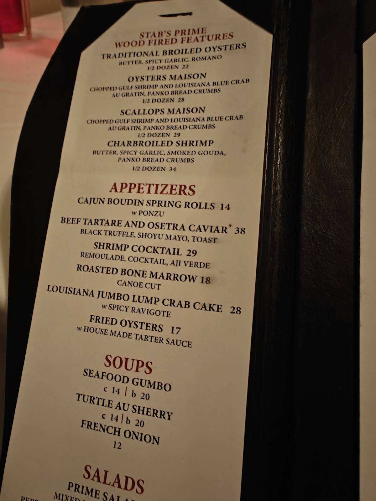 Menu at Stab's Prime Steak and Seafood steakhouse, Baton Rouge