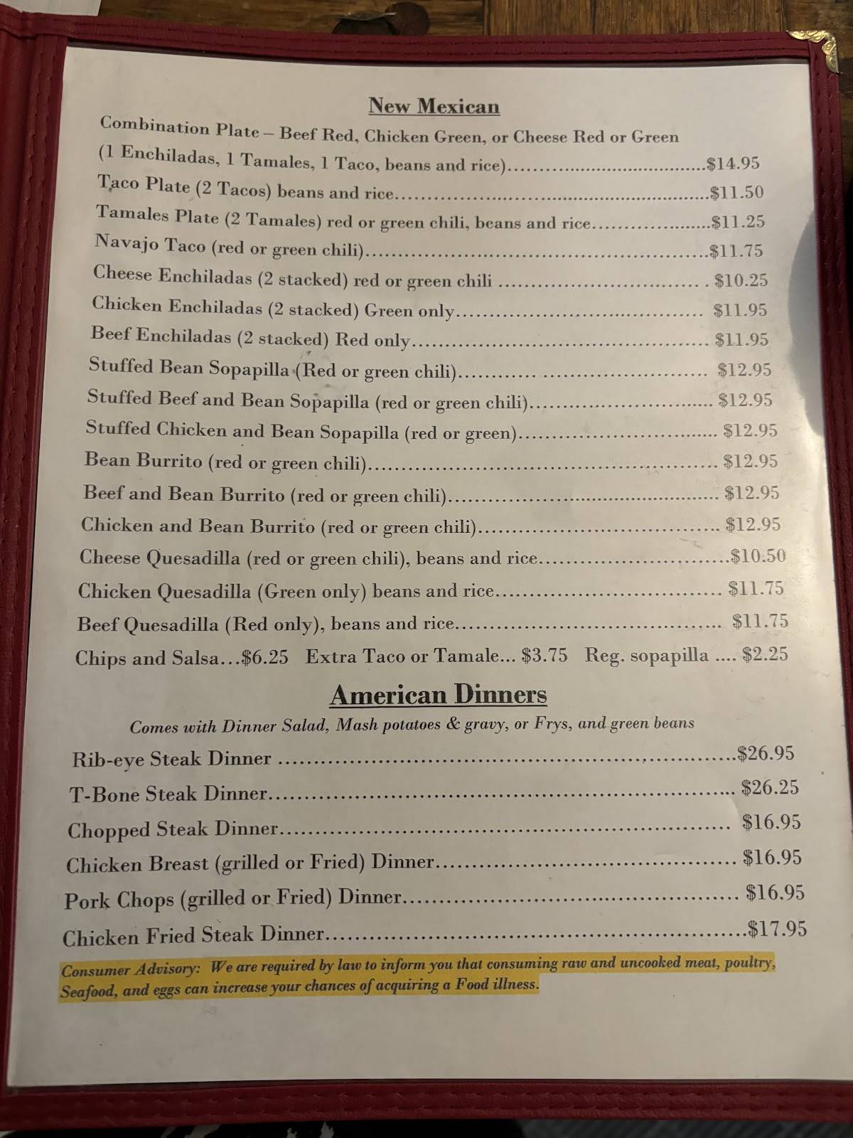 Menu at Stagecoach Cafe, Ramah, Bond St