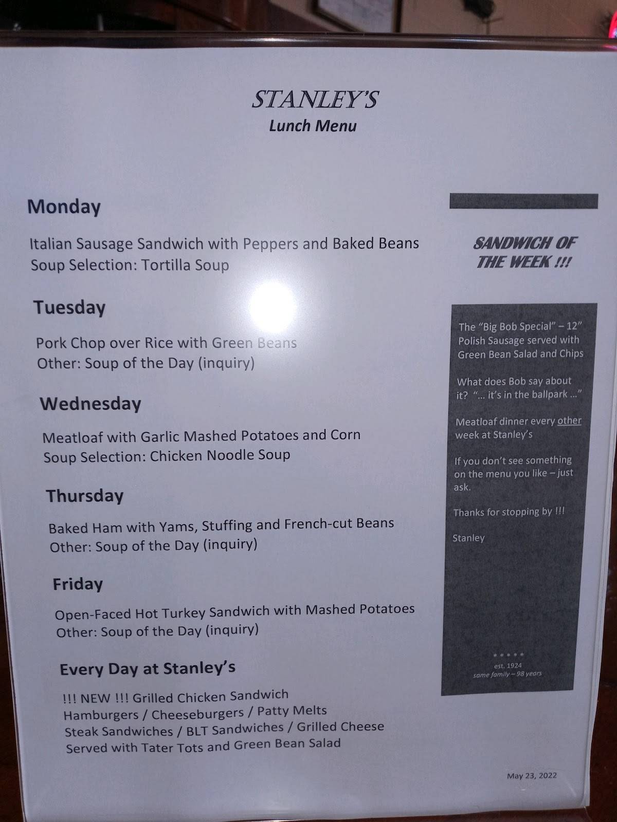 Menu at Stanley's pub & bar, Chicago