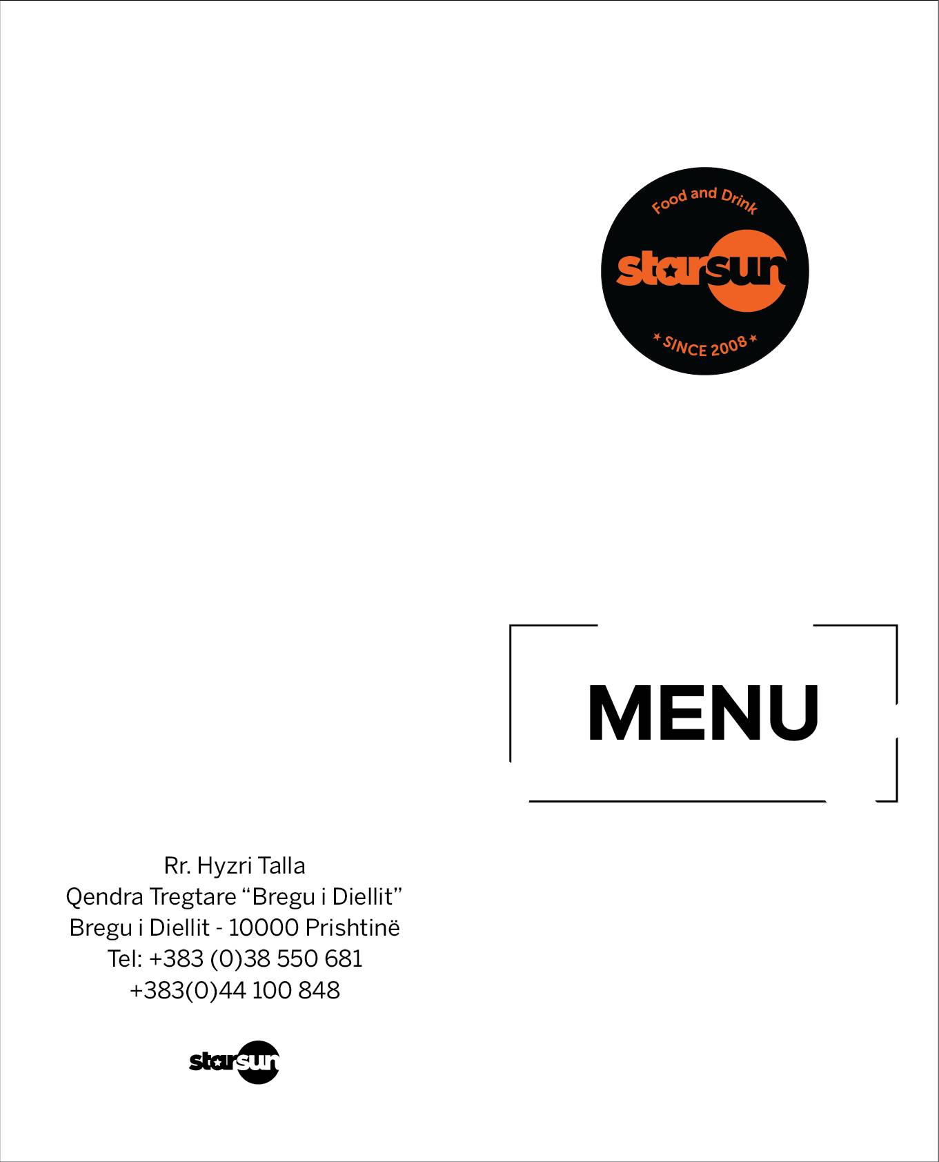 Menu at Star Sun cafe, Prishtina