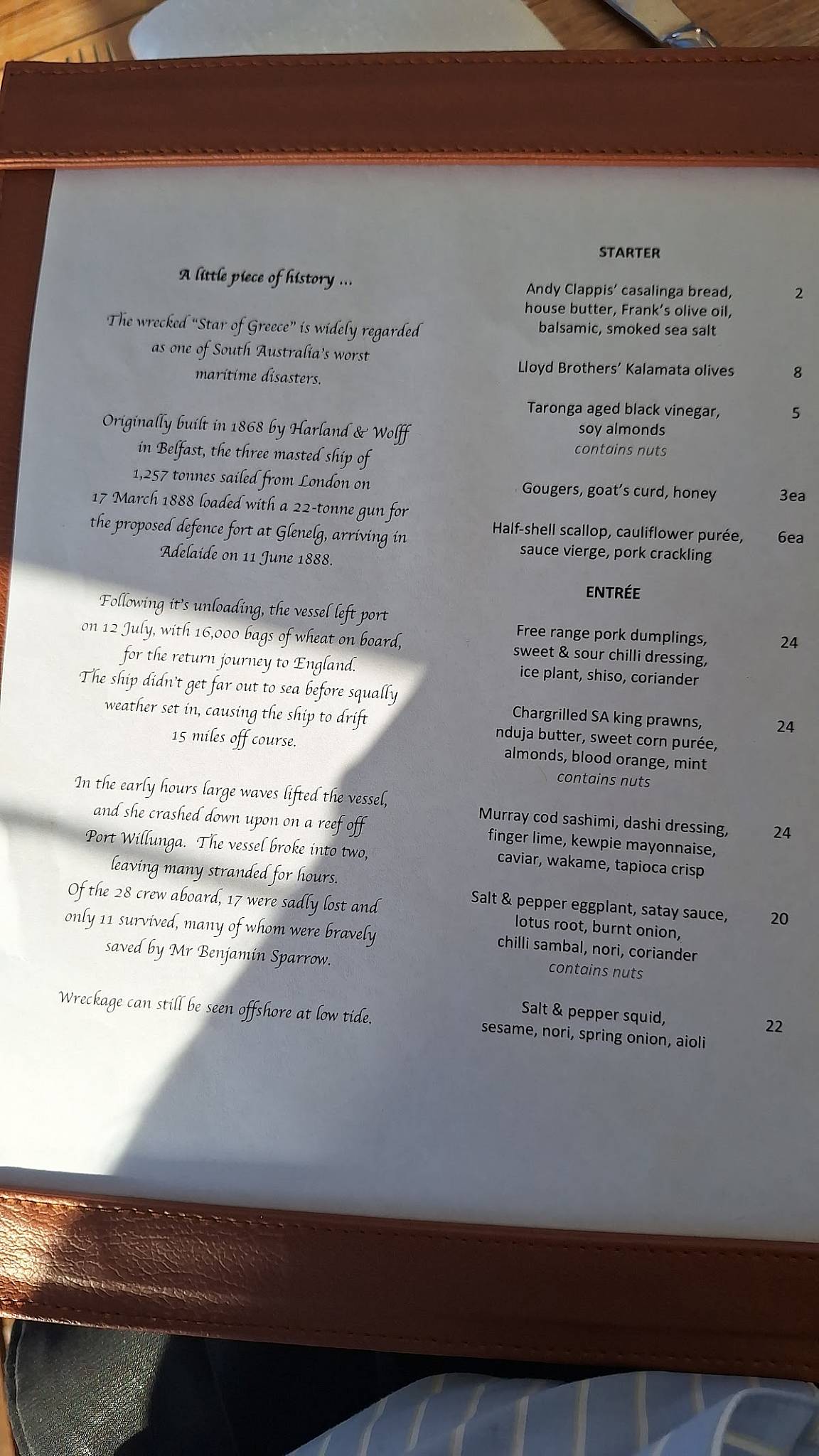 Menu at Star of Greece restaurant, Port Willunga