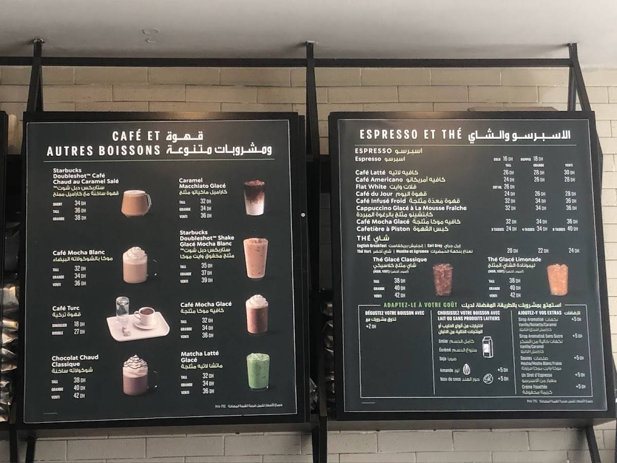 Menu au Starbucks café, Casablanca, Bd Zayid Ou Hmad