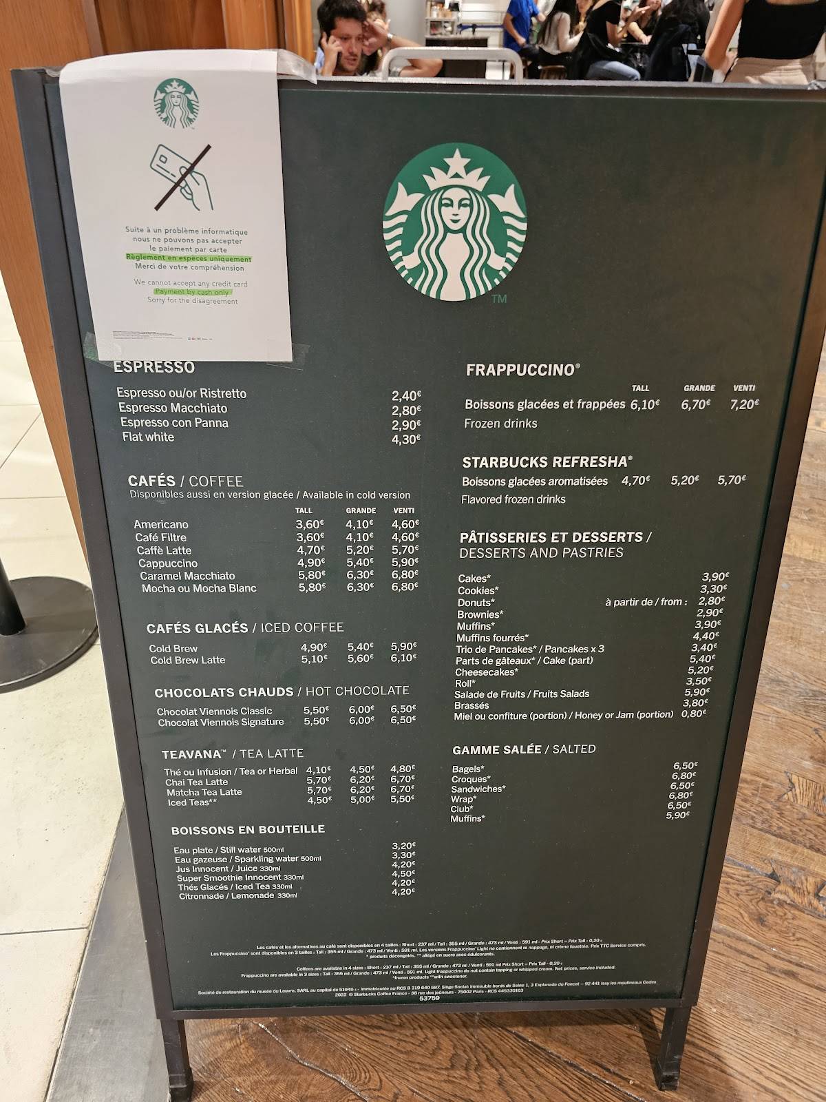 Menu at Starbucks Louvre cafe, Paris, Musée du louvre