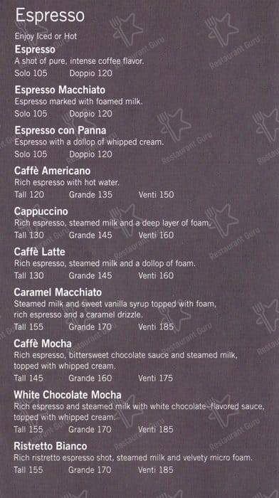 Menu at Starbucks cafe, Makati, Ayala Avenue