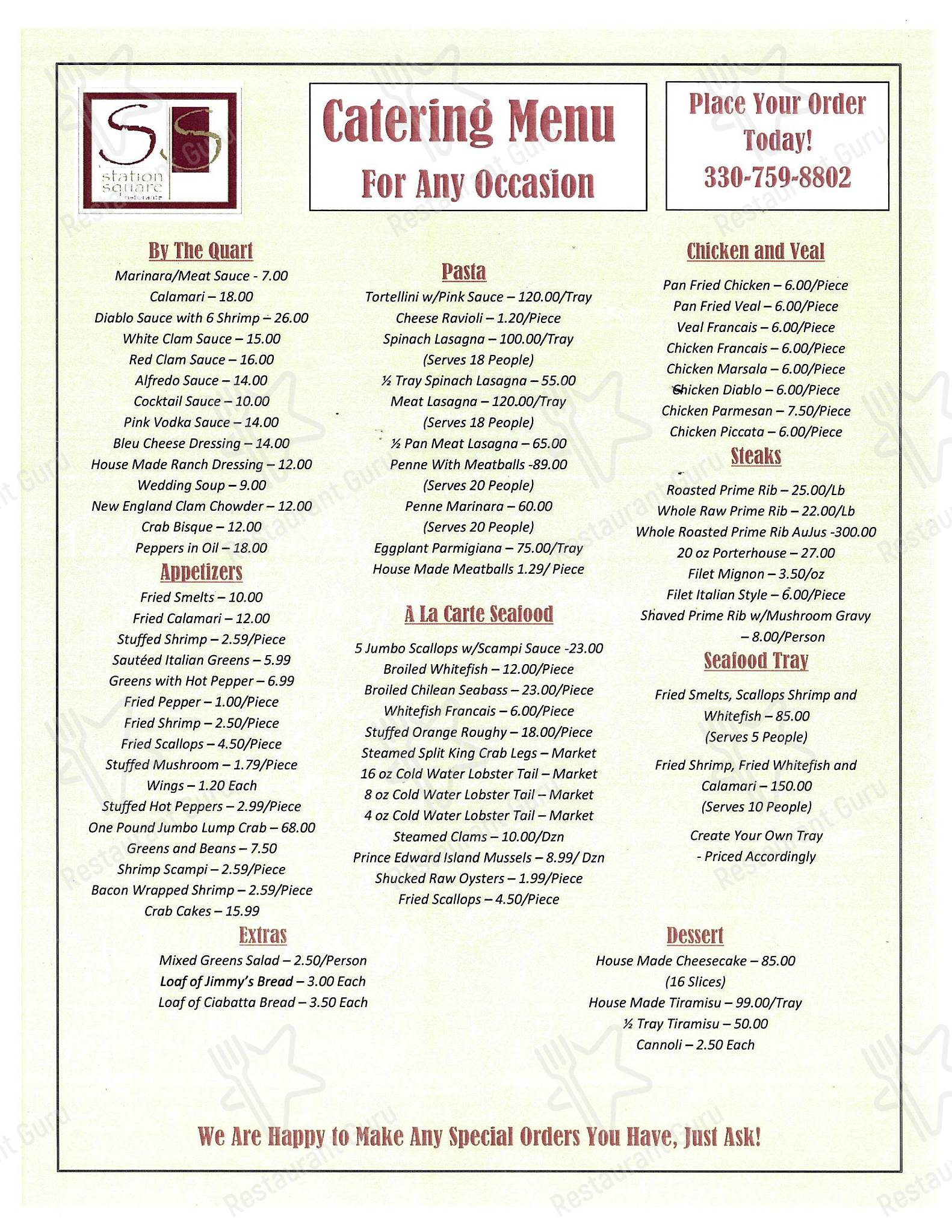 Menu at Station Square restaurant, Youngstown, Belmont Ave