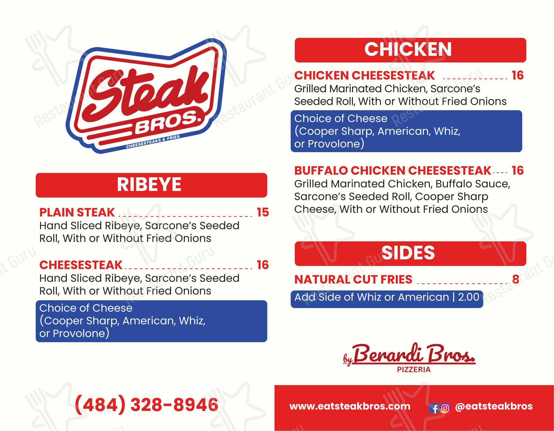 Menu at Steak Bros. Cheesesteaks and Fries steakhouse, Paoli