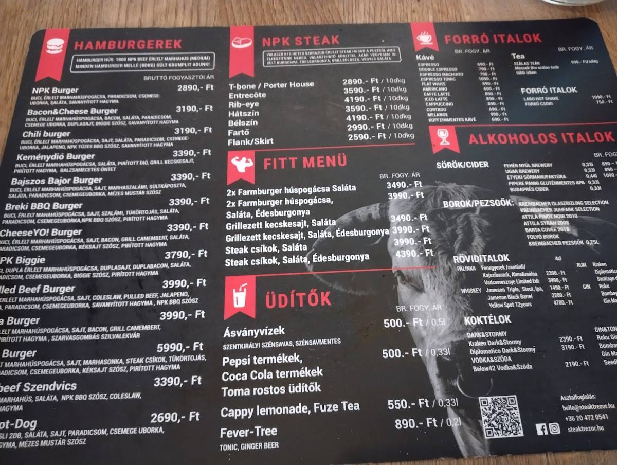 Menu at Steak Trezor restaurant, Budapest