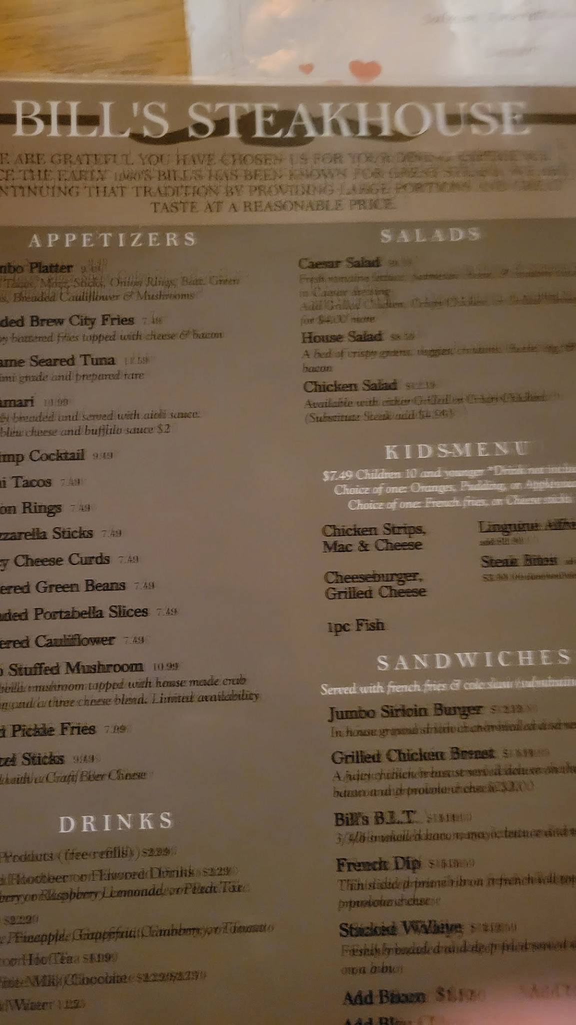 Menu at Bill's Steak House steakhouse, Bronson