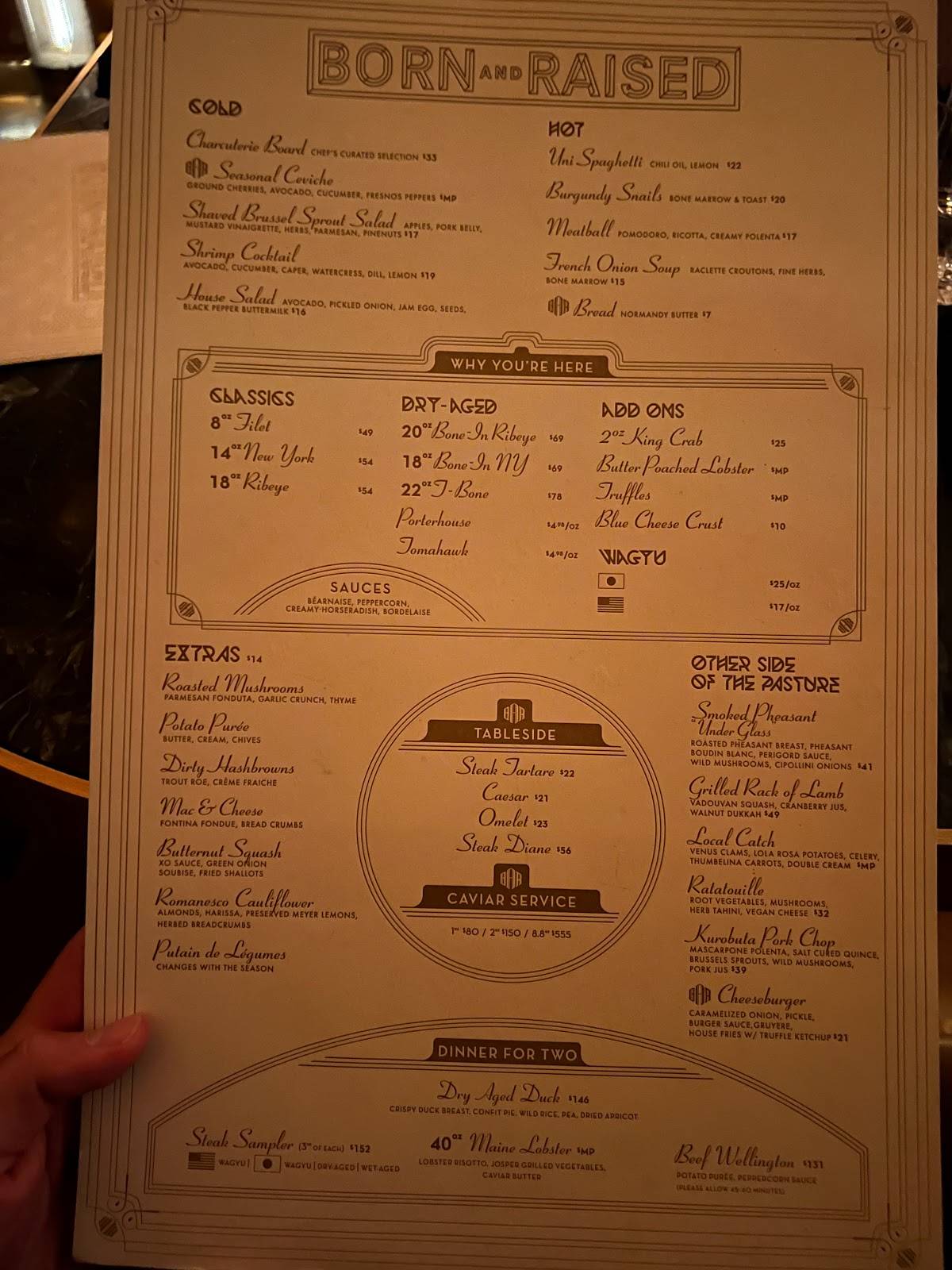 Menu at Born and Raised steakhouse, San Diego, India St