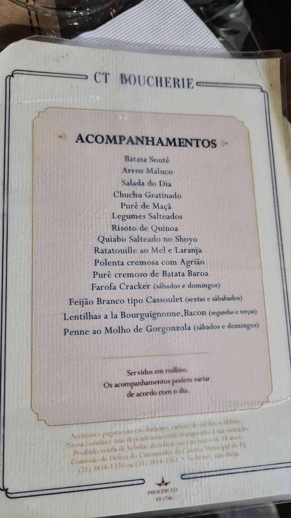 Menu em CT Boucherie churrascaria, Rio de Janeiro, Rua Dias Ferreira