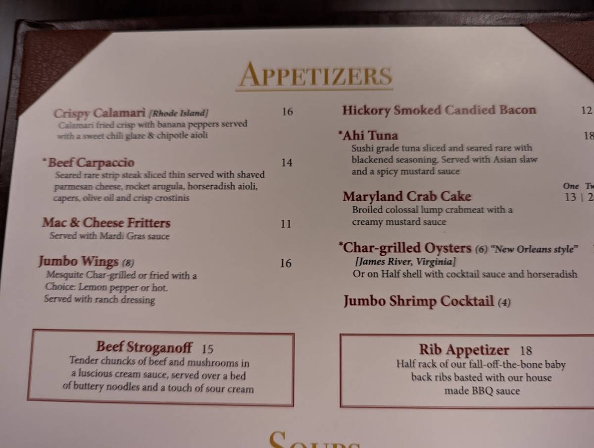 Menu at Cherokee Chophouse steakhouse, Marietta