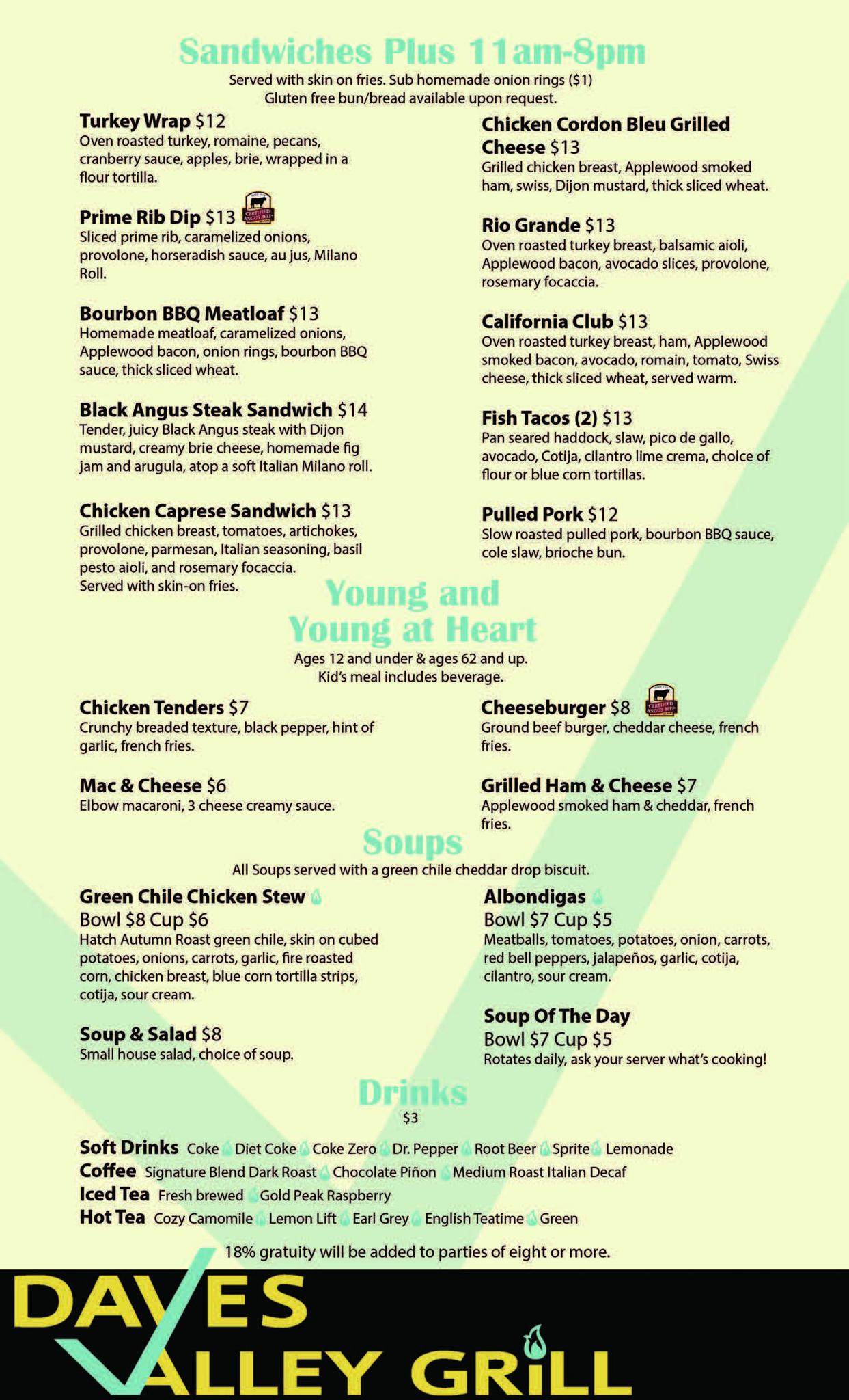 Menu at Dave's Valley Grill cafe, Los Ranchos de Albuquerque