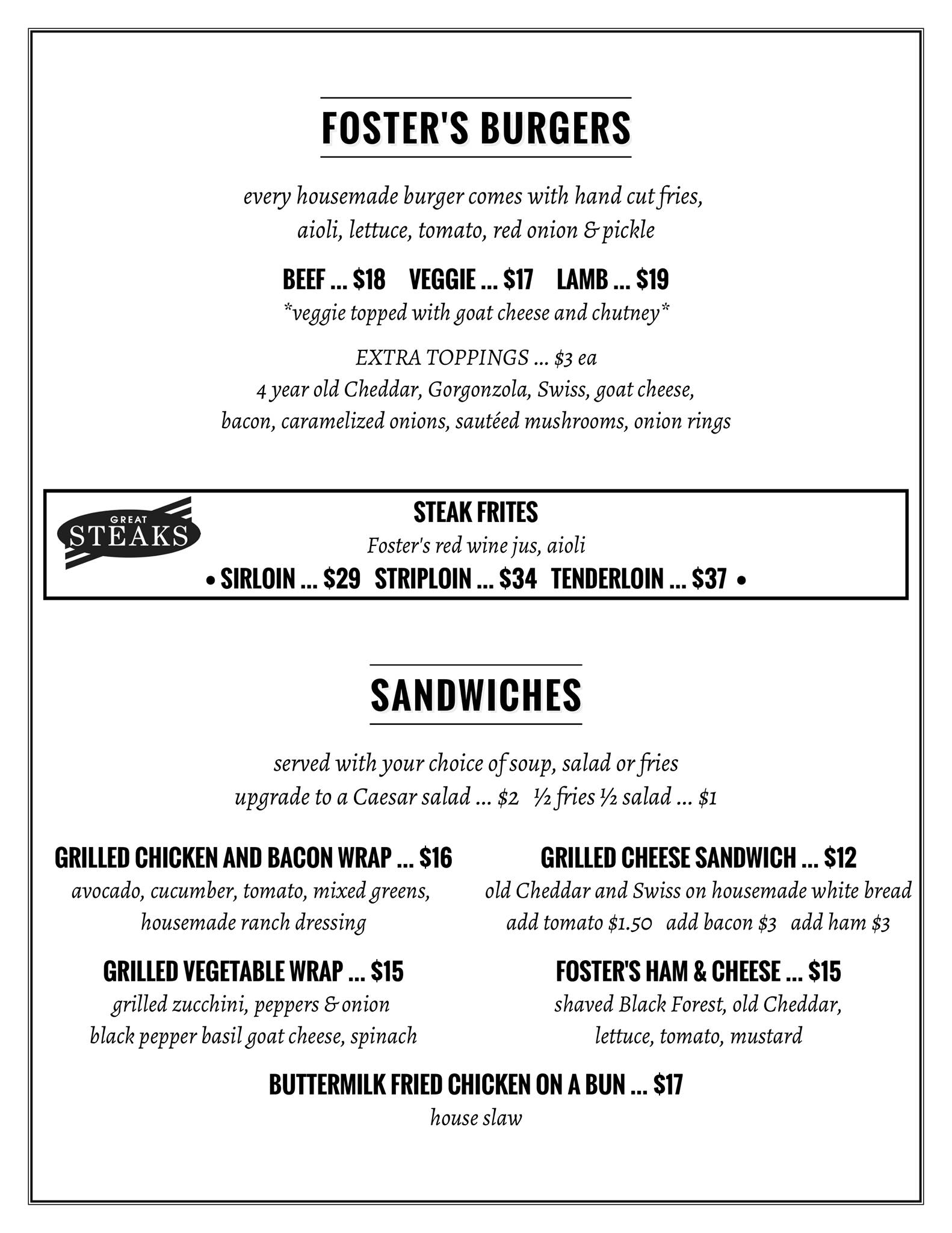 Menu at Foster's Inn steakhouse, Stratford