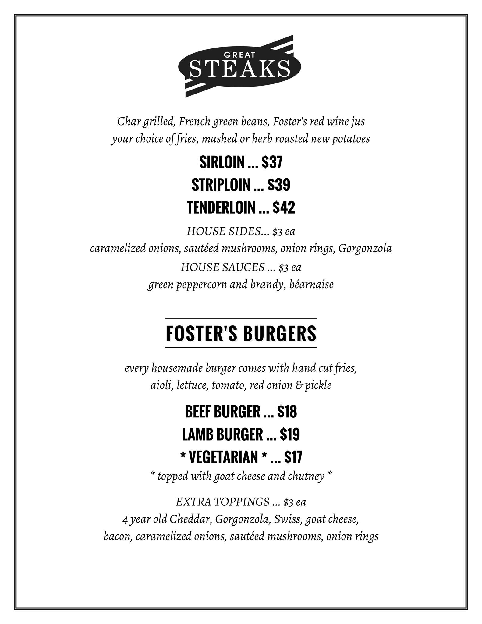 Menu at Foster's Inn steakhouse, Stratford