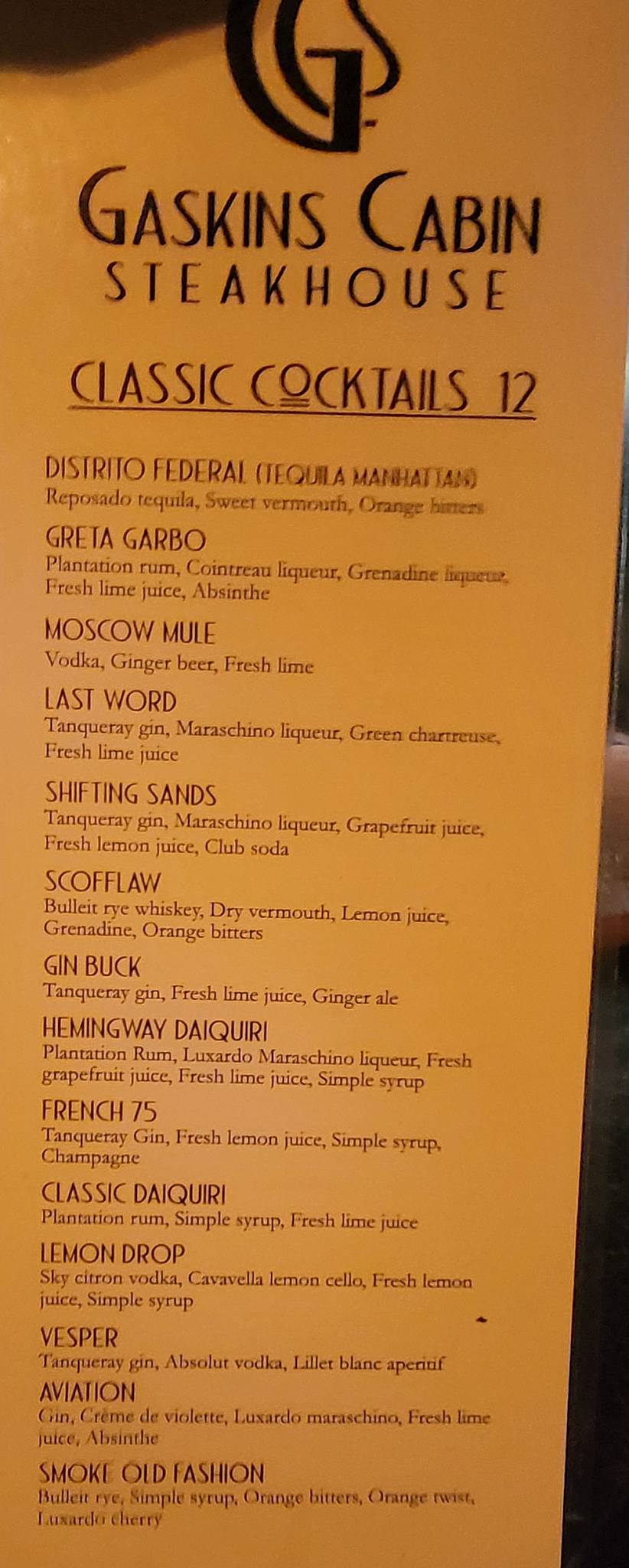 Menu at Gaskins Cabin Steakhouse, Eureka Springs