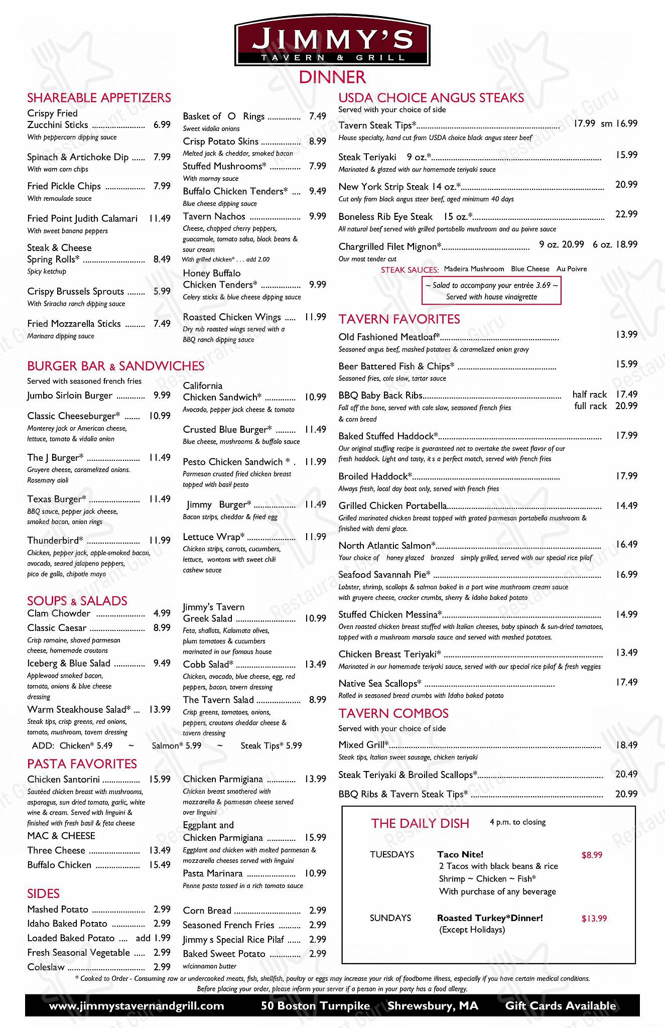 Menu at Jimmy's Tavern & Grill steakhouse, Shrewsbury