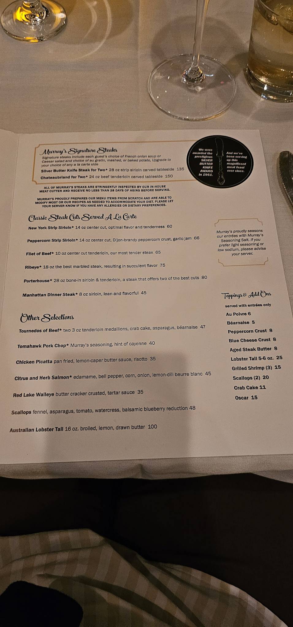 Menu at Murray's steakhouse, Minneapolis