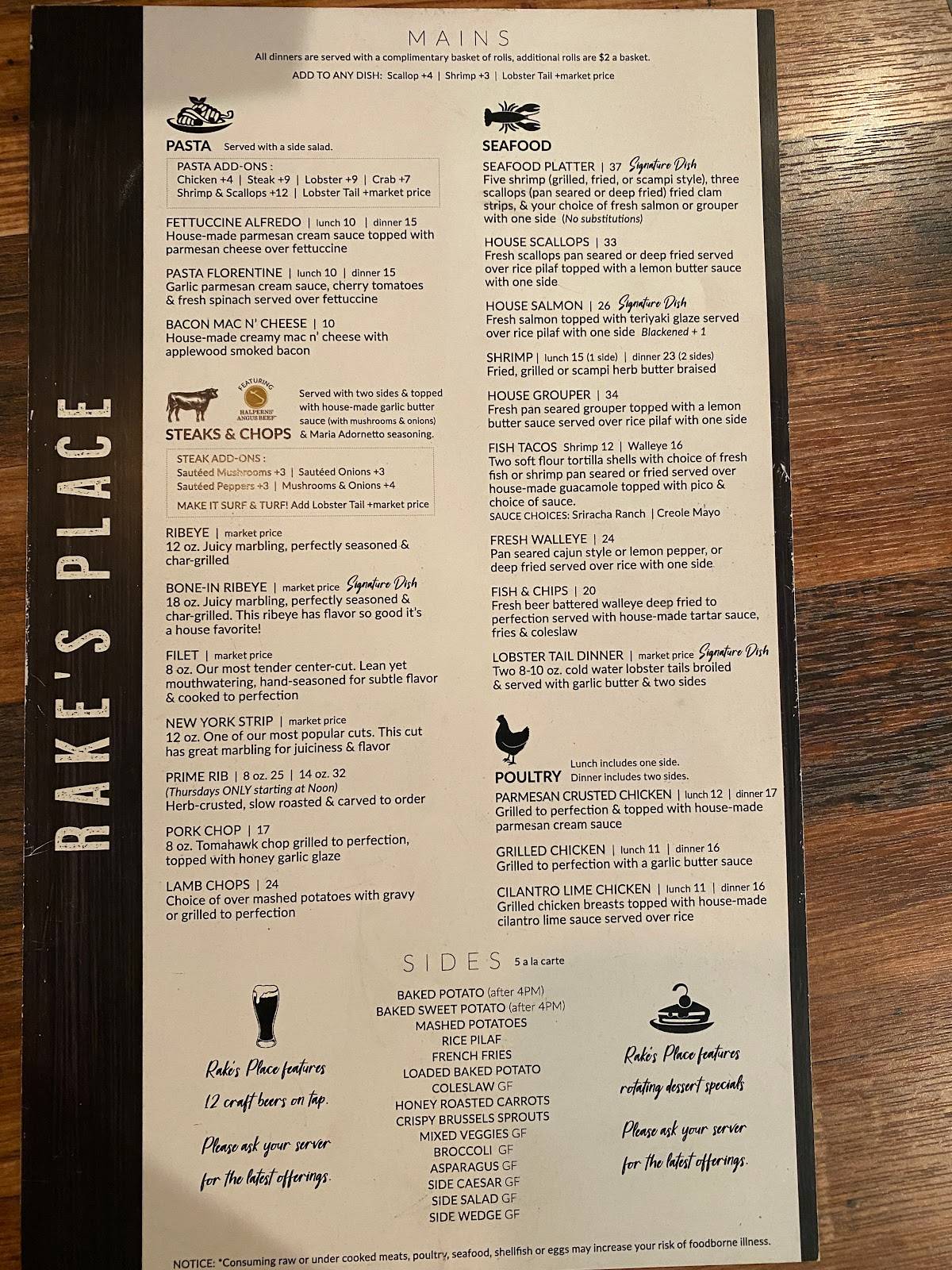 Menu at Rake's Place steakhouse, Zanesville