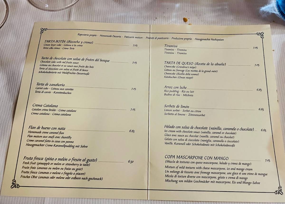 Menu at Sobrino de Botín steakhouse, Madrid, C. de Cuchilleros