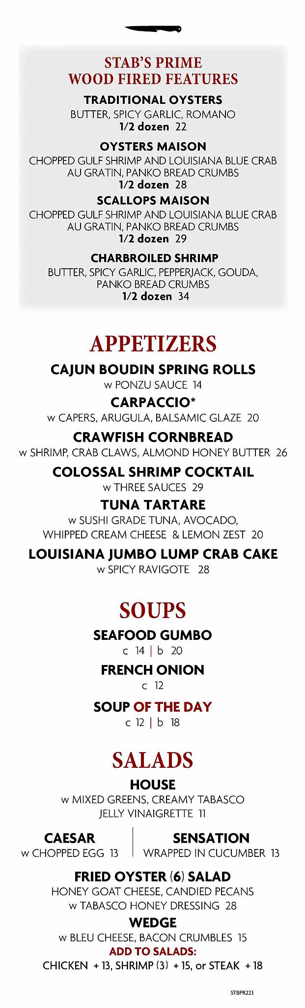 Menu at Stab's Prime Steak and Seafood steakhouse, Baton Rouge