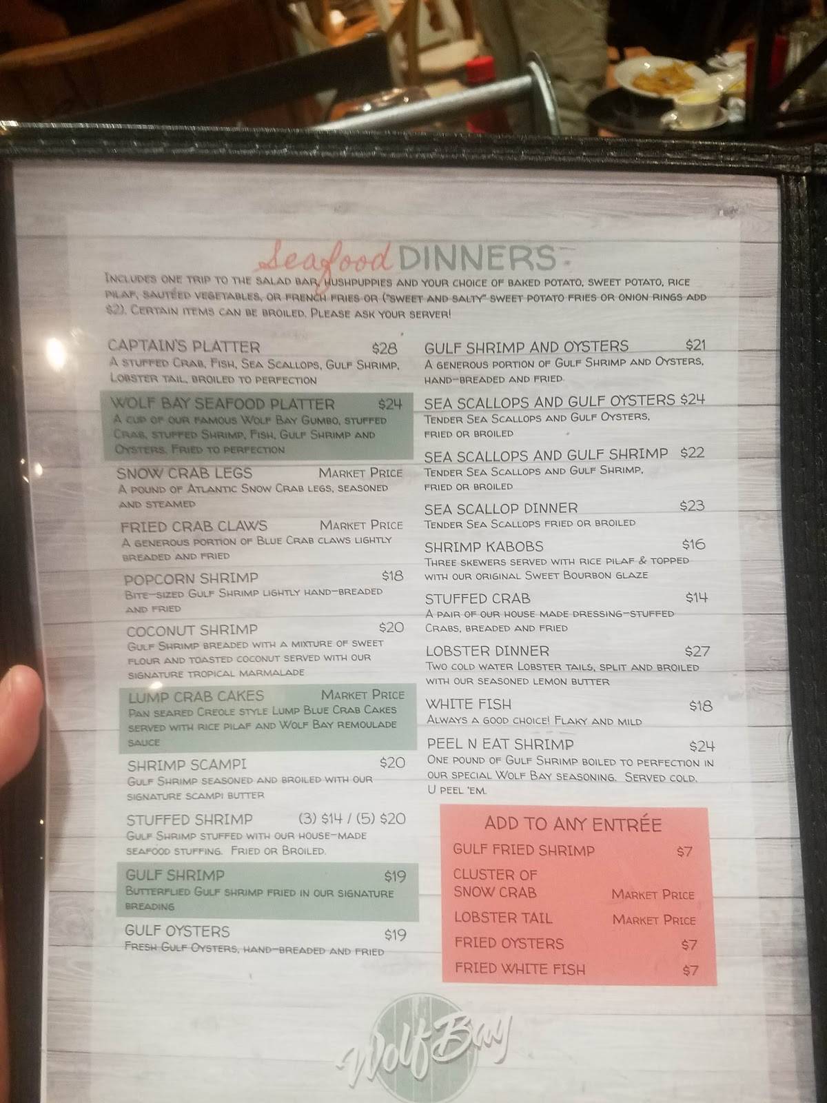 Menu at Wolf Bay Restaurant at Foley, Foley, Miflin Rd