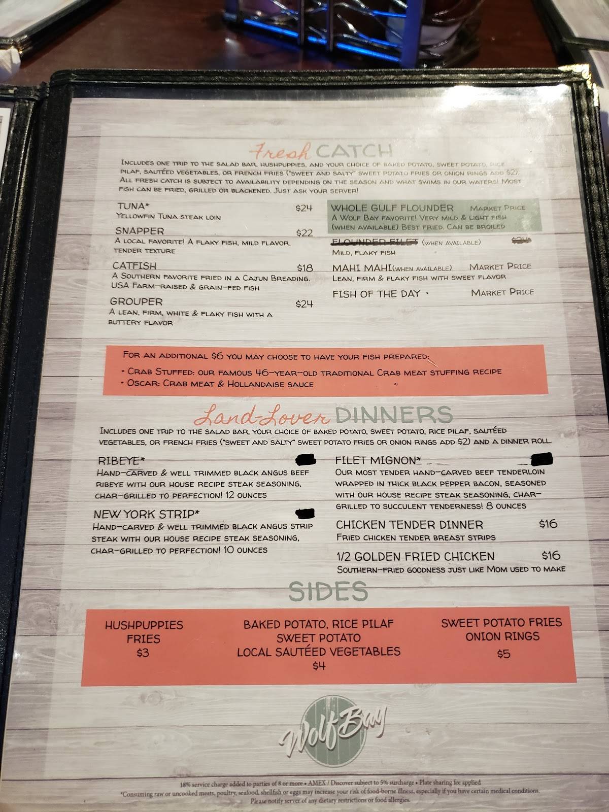 Menu at Wolf Bay Restaurant at Foley, Foley, Miflin Rd