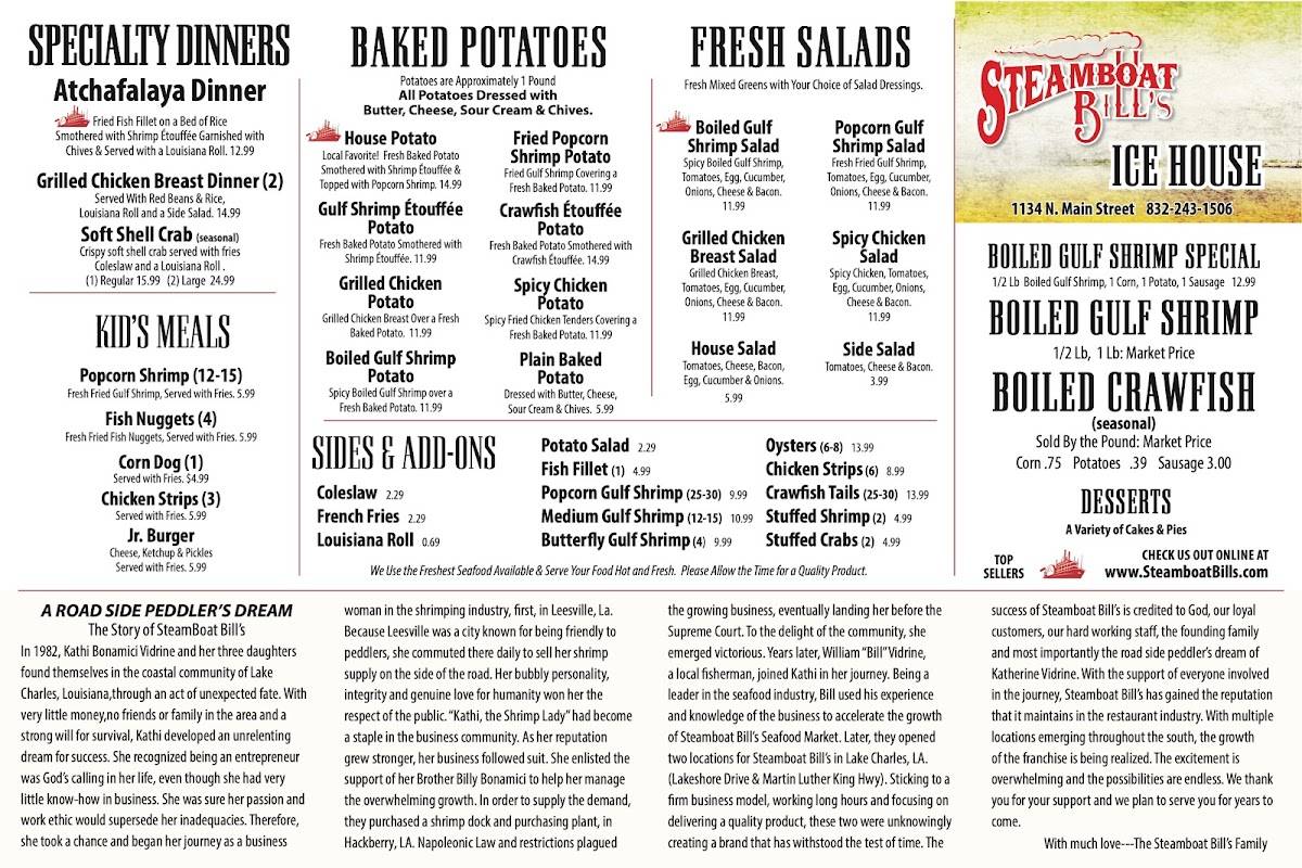 Menu at Steamboat Bill’s Pearland, TX restaurant, Pearland