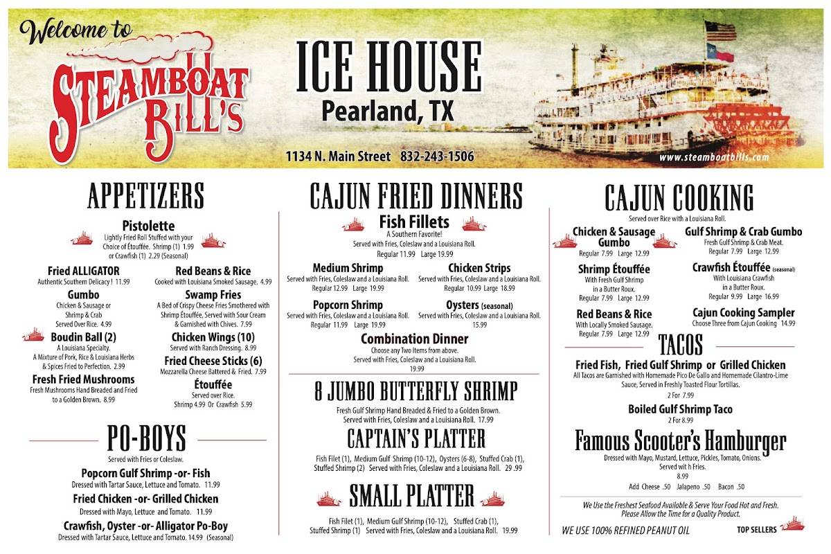 Menu at Steamboat Bill’s Pearland, TX restaurant, Pearland