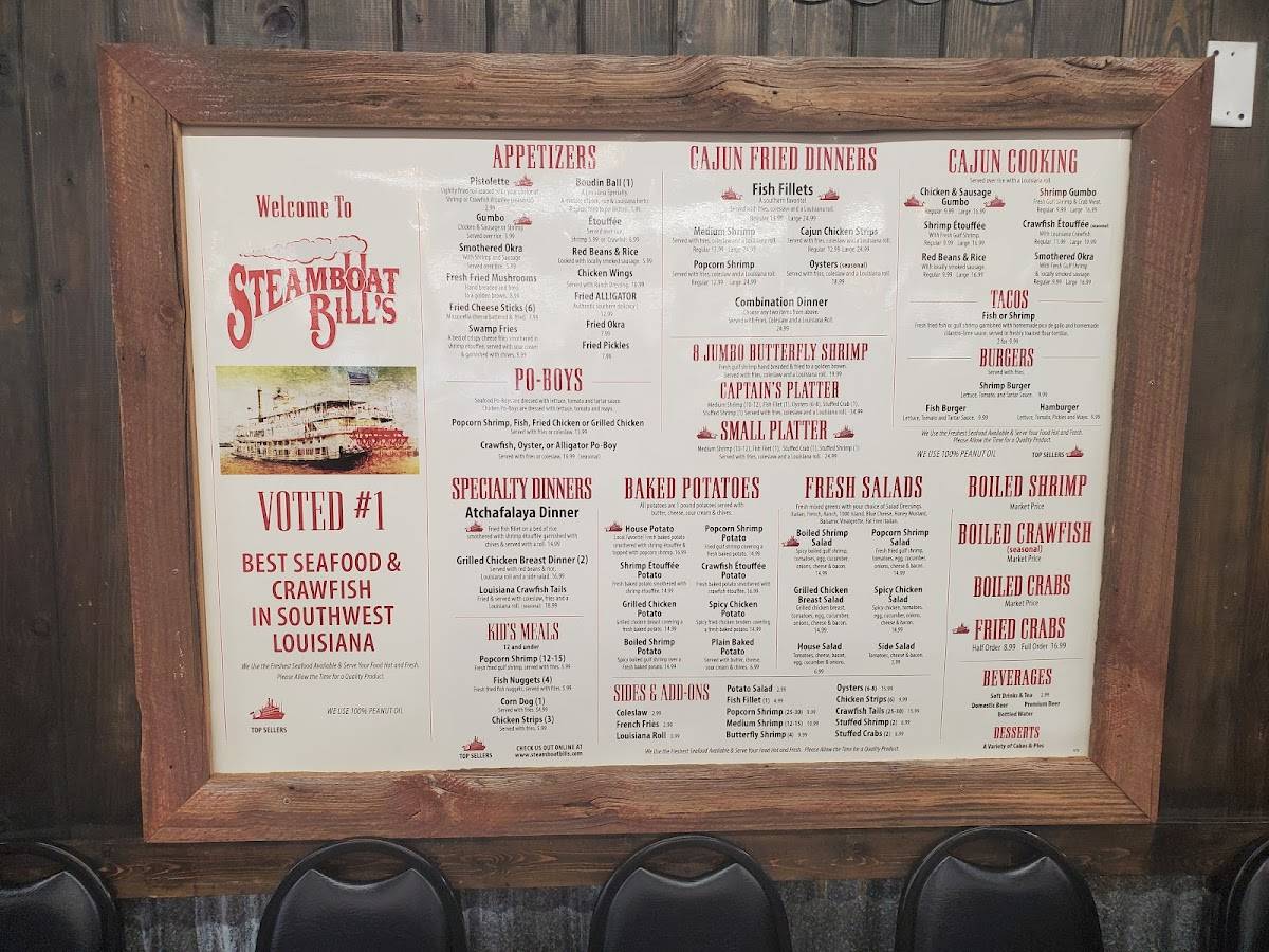 Menu at Steamboat Bill's Seafood restaurant, Lake Charles, 732 S Martin ...
