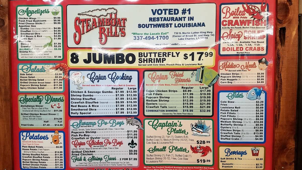 Menu at Steamboat Bill's Seafood restaurant, Lake Charles, 732 S Martin ...
