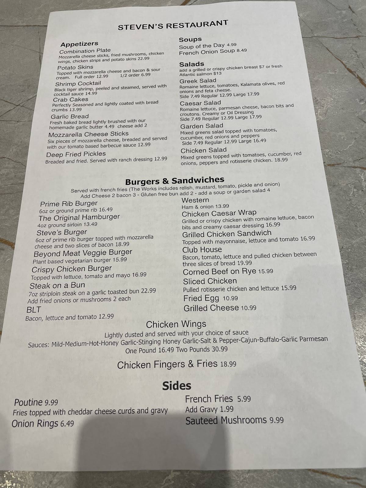 Menu at Steven's Bar-B-Q Restaurant, Markdale