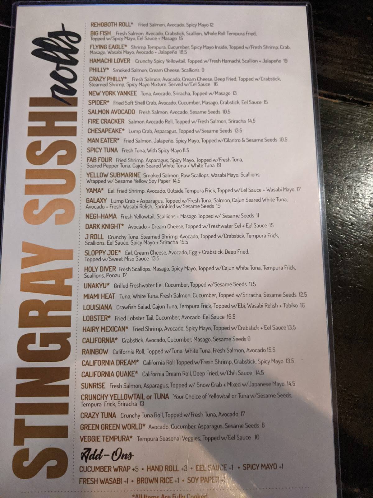 Menu at Stingray Sushi Bar + Asian Grill, Rehoboth Beach