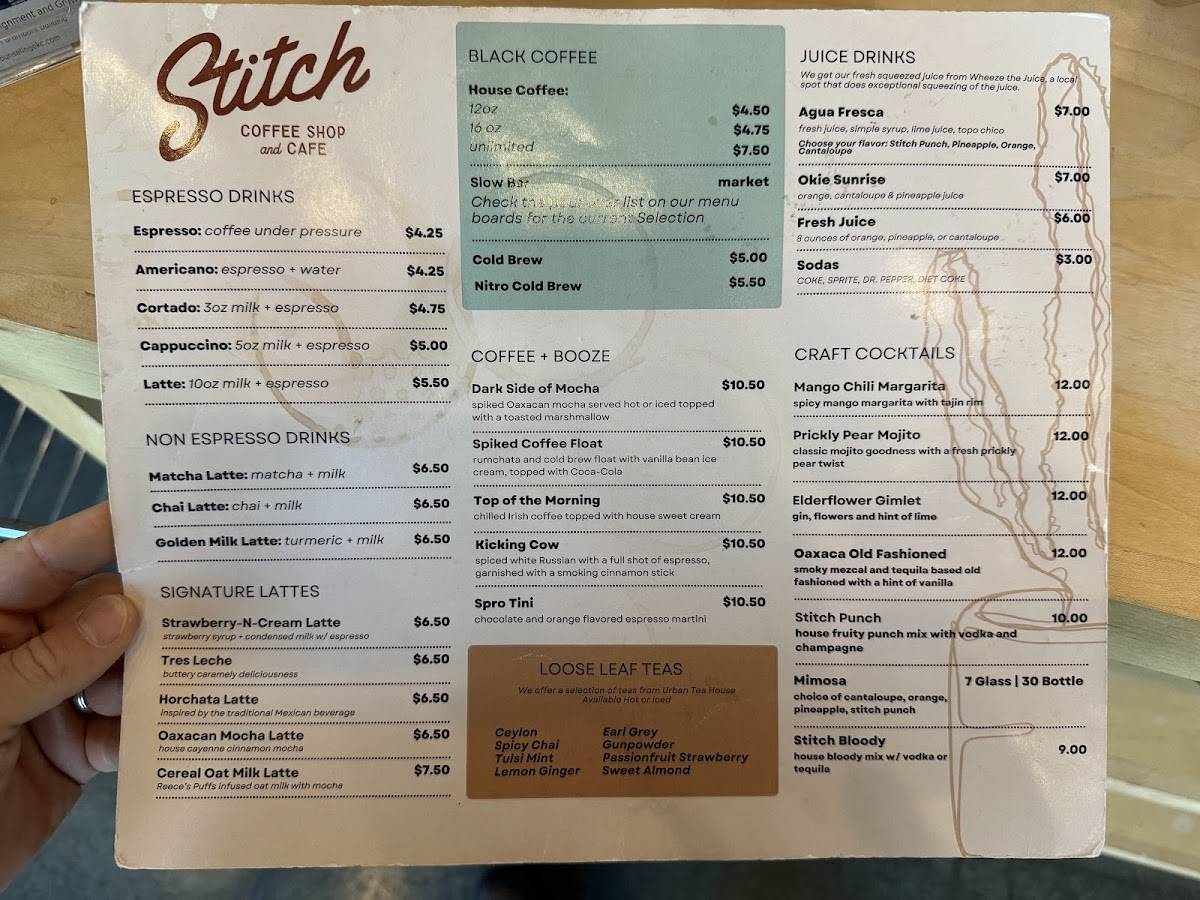 Menu at Stitch Cafe, Oklahoma City, 835 W Sheridan Ave #100