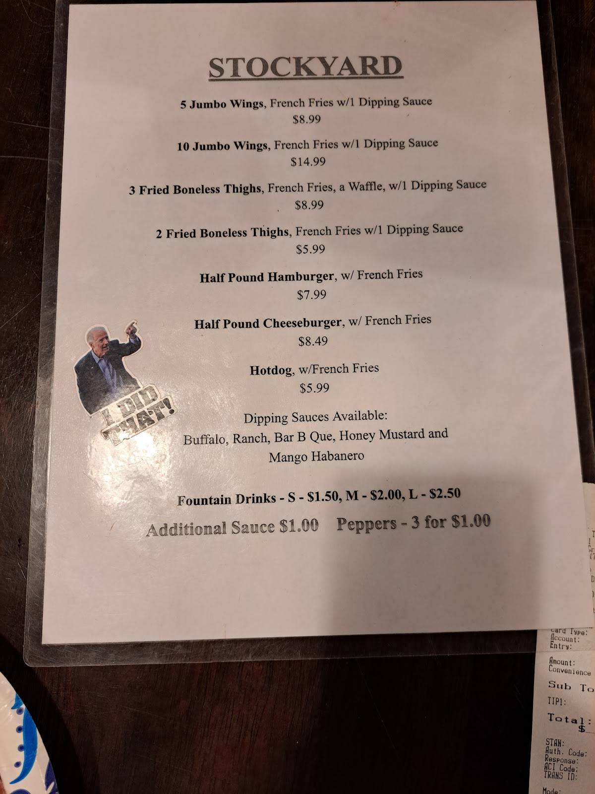 Menu at Stock Yard restaurant, LaGrange
