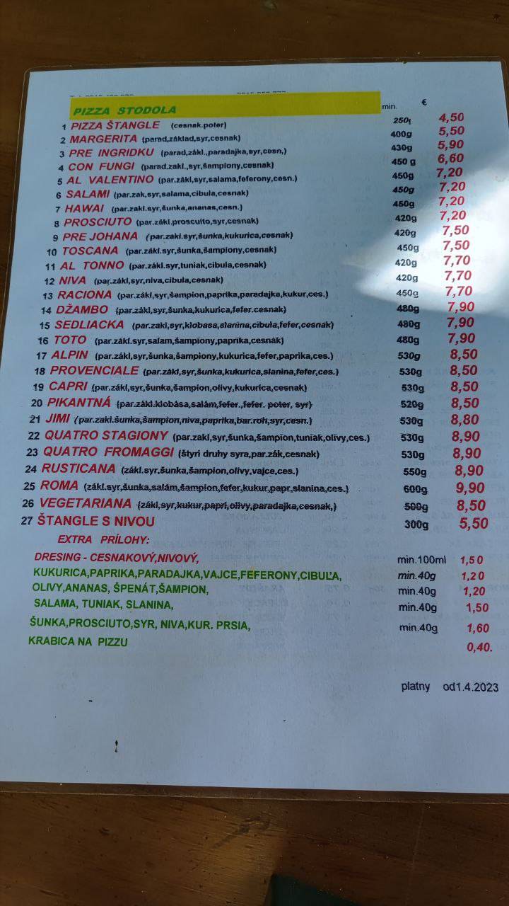 Menu at Stodola pub & bar, Slovakia