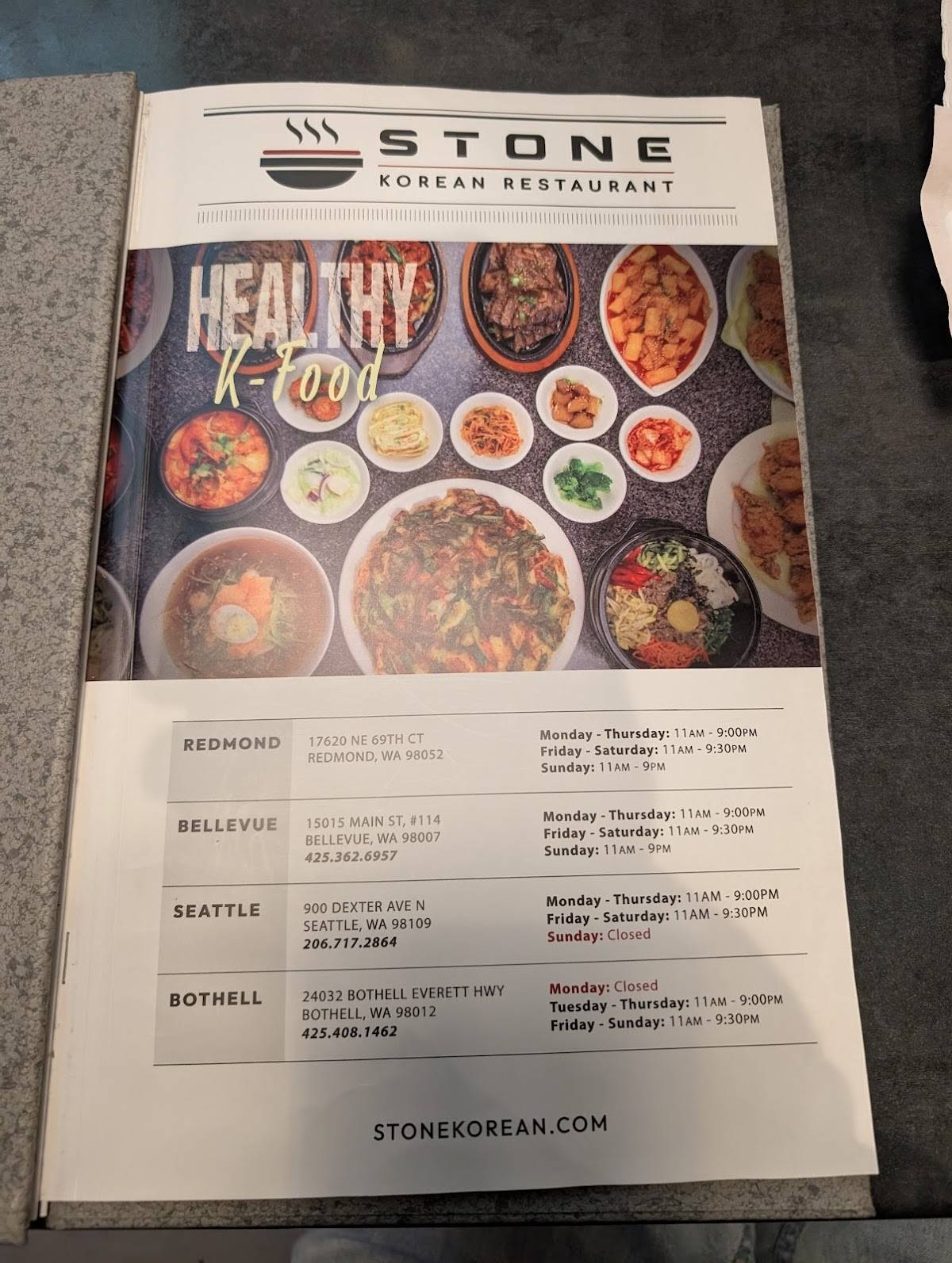 Carta de Stone Korean Restaurant, Bothell