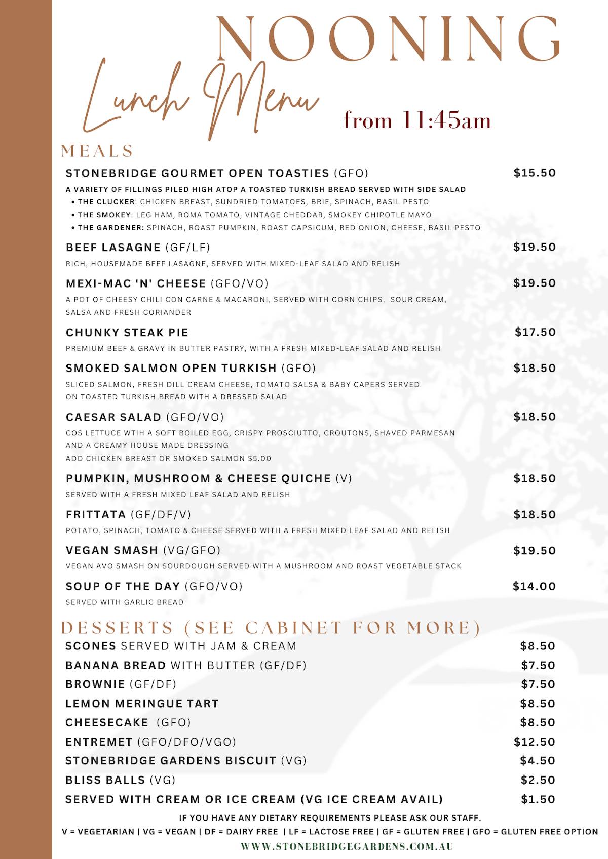 Menu at Stonebridge Gardens restaurant, Palmwoods