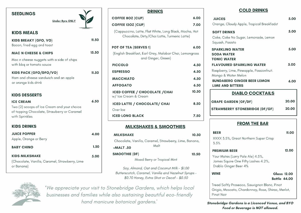Menu at Stonebridge Gardens restaurant, Palmwoods