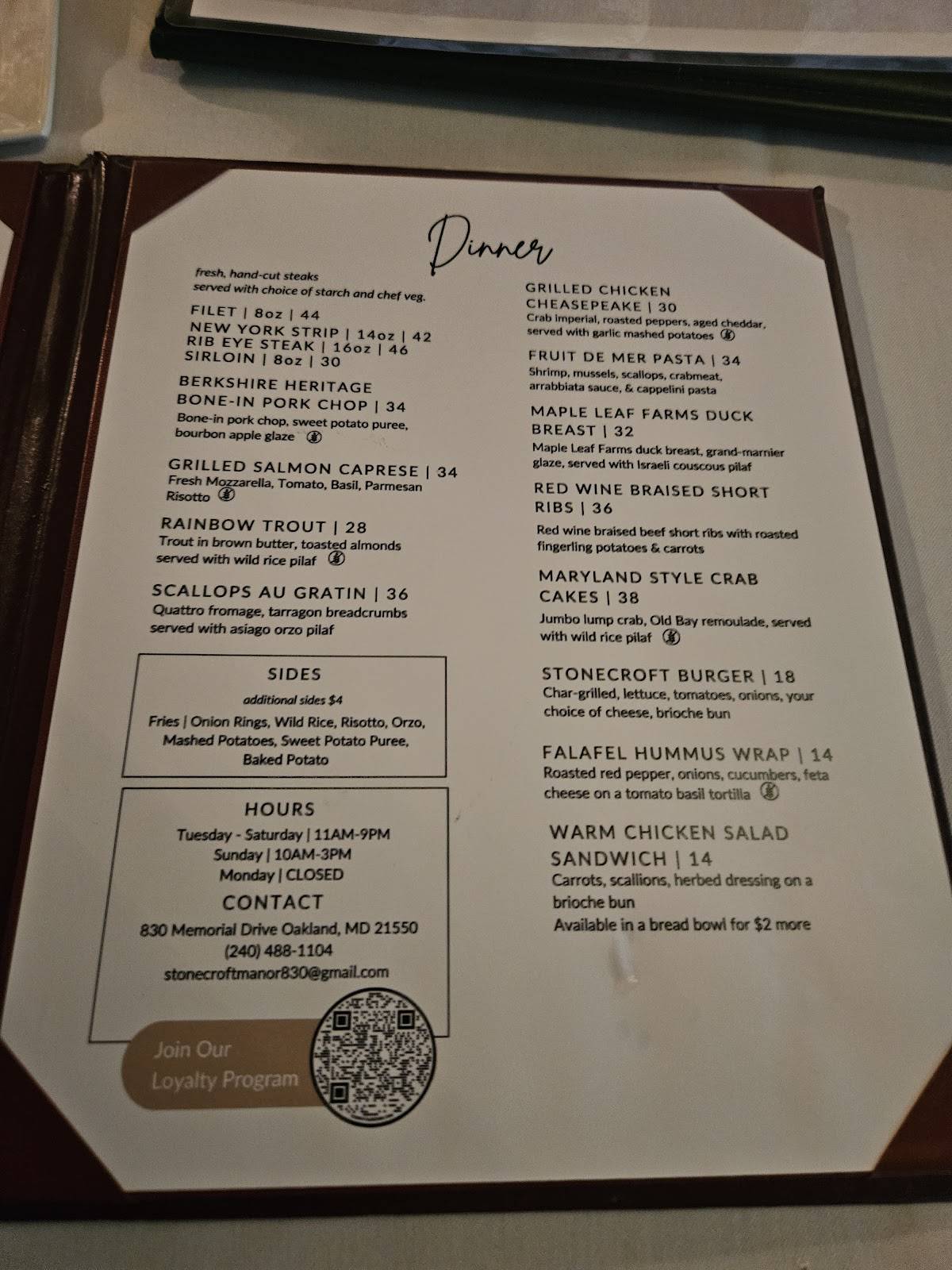 Menu at Stonecroft Manor (formerly The Manor Steakhouse), Oakland