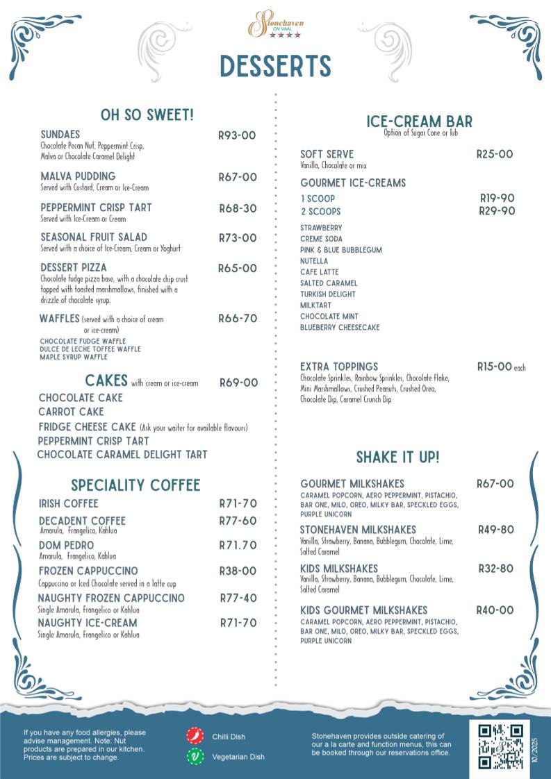 Menu at Stonehaven on Vaal restaurant, Vanderbijlpark