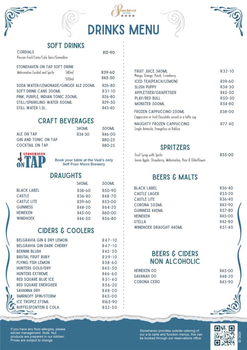 Menu at Stonehaven on Vaal restaurant, Vanderbijlpark
