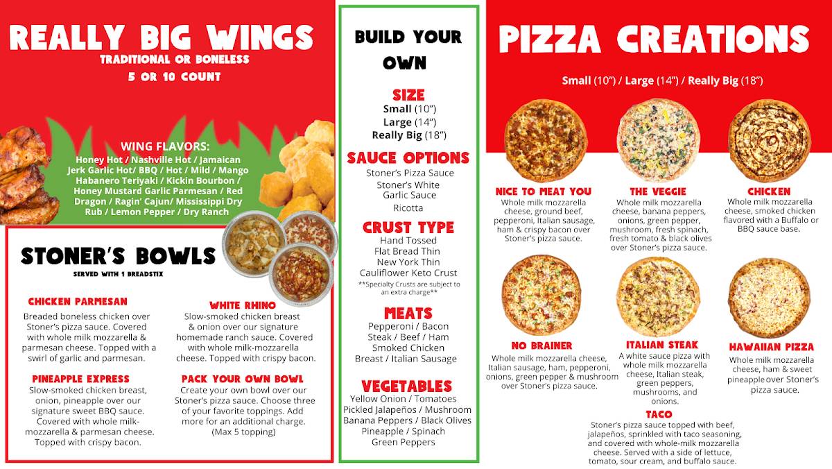 Menu at Stoner's Pizza Joint pizzeria, Fort Worth