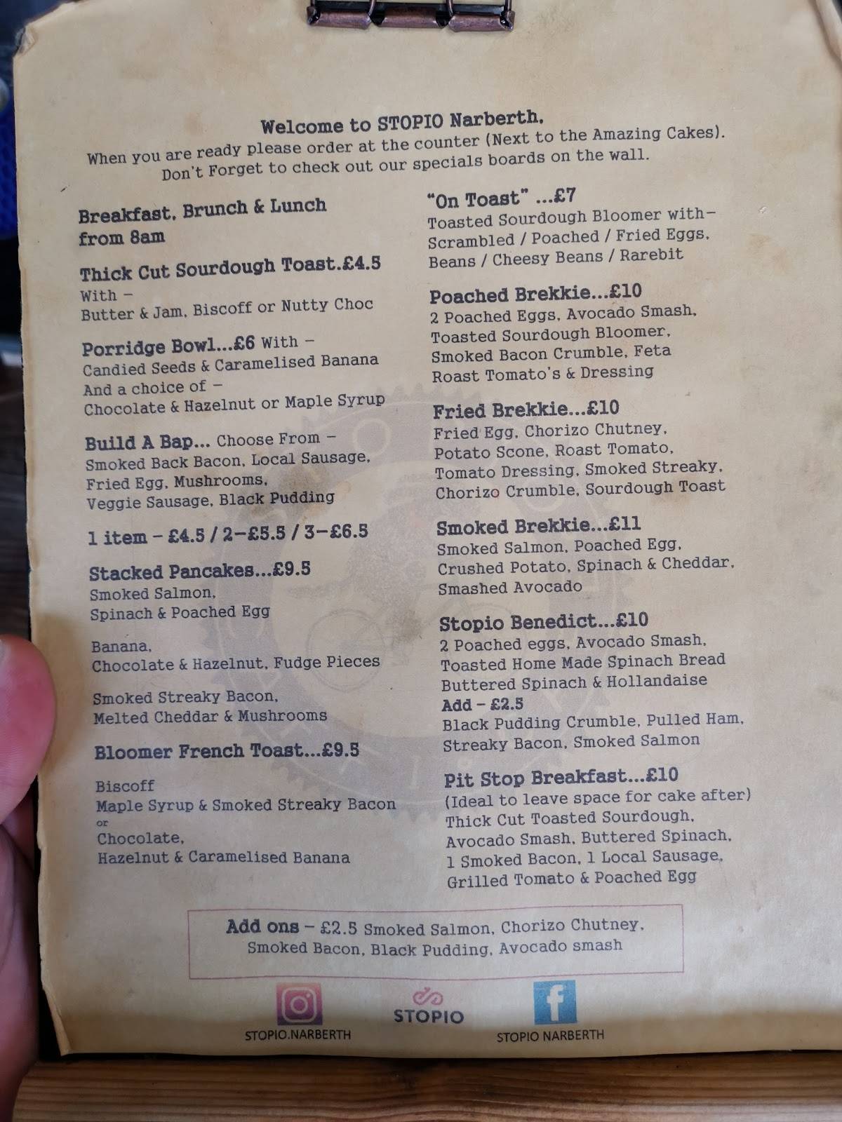 Menu at Stopio cafe, Narberth