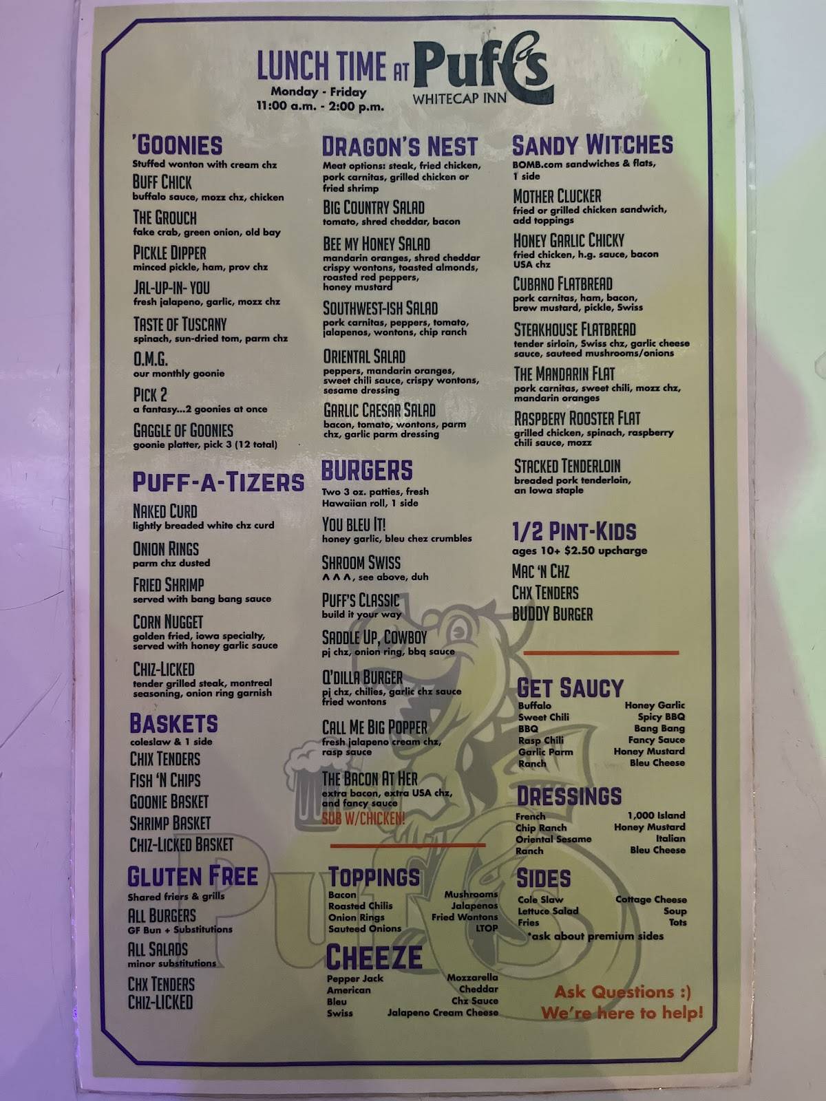 Menu at Puff's pub & bar, Storm Lake