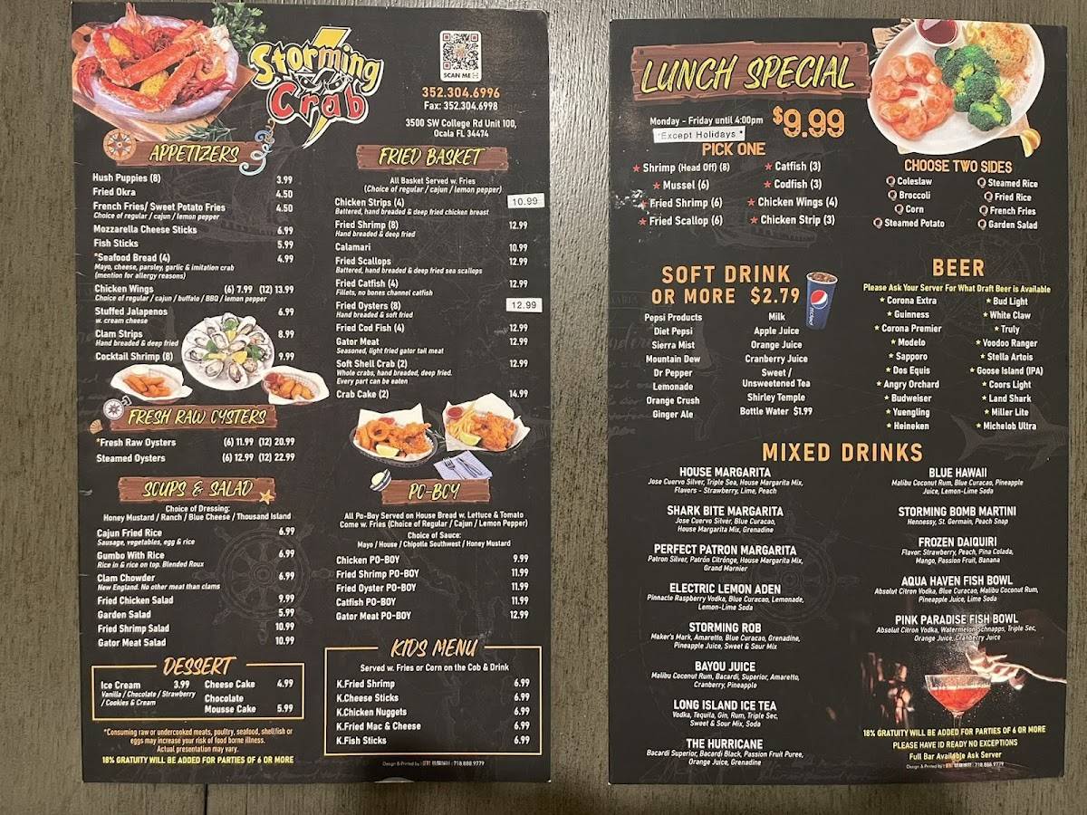 Menu at Storming Crab restaurant, Ocala